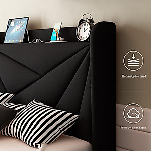 iPormis Twin Bed Frame with Charging Station, Platform Upholstered Bed, Linen Geometric Storage Headboard, Solid Wood Slats Support, No Box Spring Needed, Black