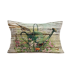 Fukeen Rustic Farmhouse Spring Summer Sign Throw Pillow Cover Vintage Wood with Colorful Flower Birds Butterfly Pillow Cases Cotton Linen 12x20 Inches Retro Watering Can Hyacinth Daisy Pillowslip
