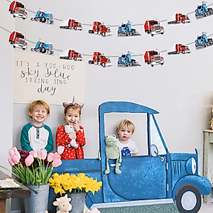 Jollyboom 2Pcs Construction Birthday Banner, Truck Birthday Banner Garland for Boys Girls, Heavy Truck Semi Truck Happy Birthday Banner for Transportation Theme Birthday Party Baby Shower