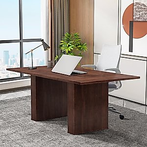 LEVNARY 78 Inch Long Executive Desk, Large Office Desk with Wood Strip Base, Modern Farmhouse Computer Desk Business Furniture for Home Office (Walnut)