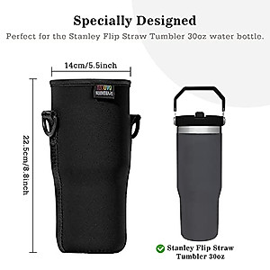 Nuovoware Water Bottle Carrier Bag Fits Stanley Flip Straw Tumbler, 30OZ Bottle Pouch Holder with Adjustable Shoulder Strap, Neoprene Water Bottle Holder for Hiking Travelling Camping, Black
