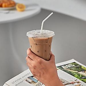 JOLLY PARTY 100Pack 16 oz Clear Plastic Cups With Flat Lids, Disposable Clear Cups with Straw Slot Lids, Crystal Clear Disposable Drinking Cups for Juice Ice Cream Milkshake Iced Coffee Cold Drink