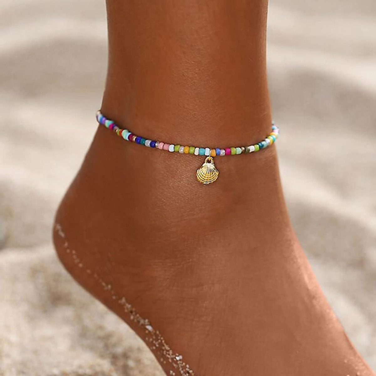 Boho Beaded Anklet Bracelet Gold Shell Anklet Chain Colorful Beaded Foot Jewelry Anklet for Women