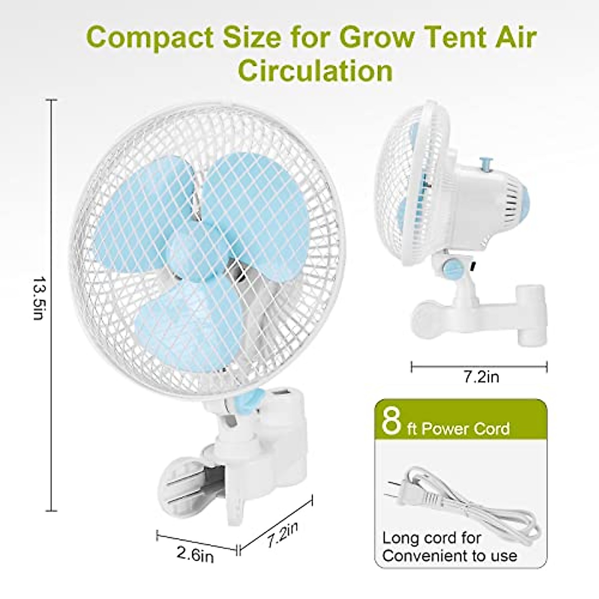 blessny 6 Inch Oscillating Grow Tent Clip on Fan for Pole Mount 0.6-1 inch, 8 Ft Long cord Small growing Monkey Fan Oscillation for Hydroponic, 20W 2-Speed Super quiet with Heavy duty Clamp