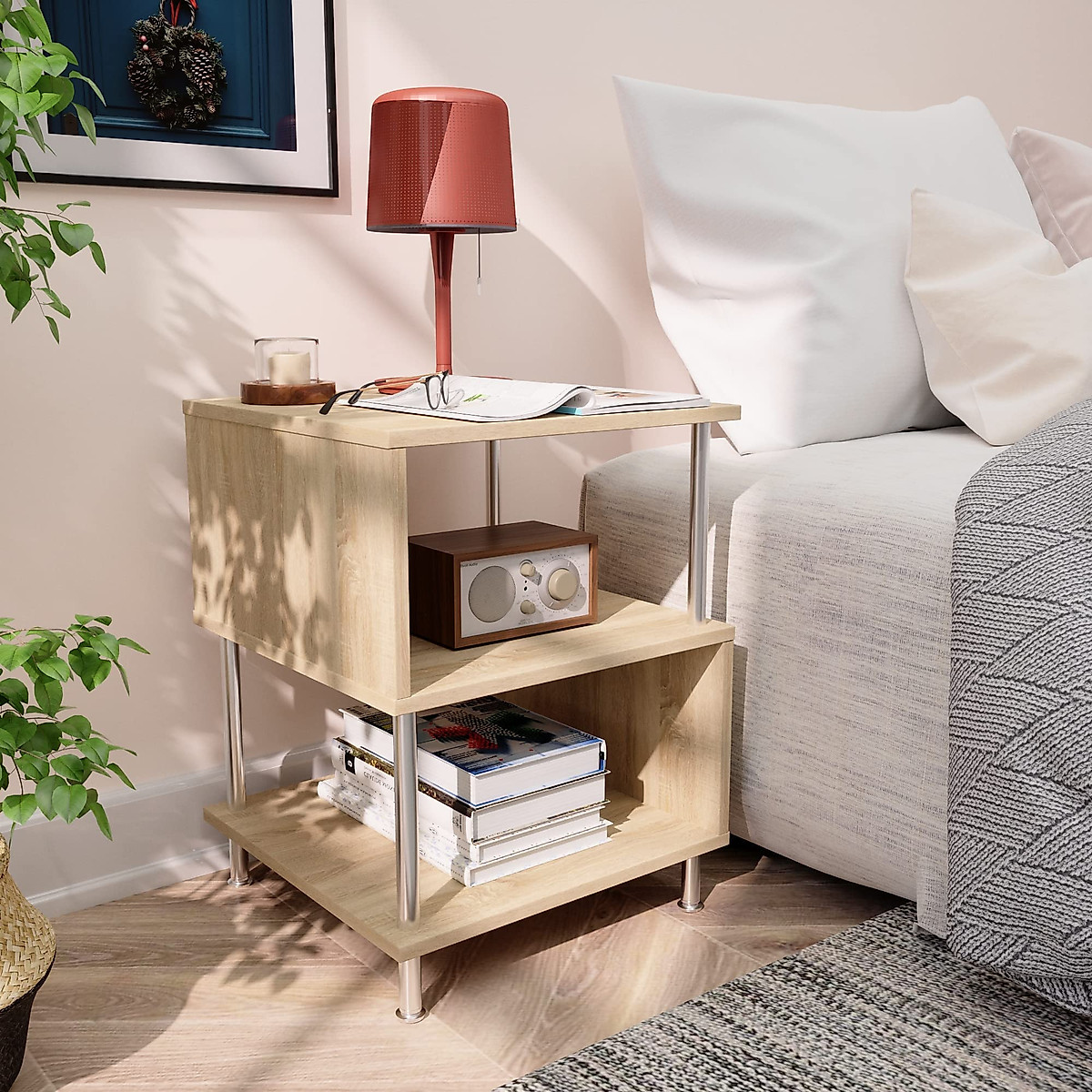 Bestier Night Stand, End Table S-Shaped Side Table with Storage Shelf, 3 Tier Sofa Table for Living Room, Bedside Tables for Bedroom, Small Tables for Small Spaces (Light Oak, 15.8 Inch)