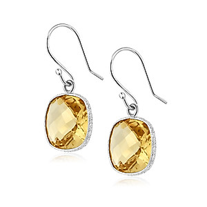 Gem Stone King 925 Sterling Silver Yellow Citrine Stud Dangle Earrings For Women (10.00 Cttw, Gemstone Birthstone, 11MM Cushion Cut)