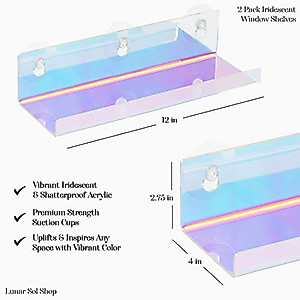 Iridescent Window Shelf for Plants, 2 Acrylic Window Mounted Shelves, Plant Window Shelf For Bathroom, Shower & Kitchen, Rainbow Iridescent Decor Modern Acrylic Suction Cup Window Ledge Plant Shelf