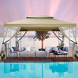 COBIZI 10x13 Outdoor Gazebo, Garden Tent for Patio Canopy with Leaf Screen Steel Frame and Mosquito Netting, Double Roof Canopy Tent for Deck, Backyard, Garden and Lawns, Khaki