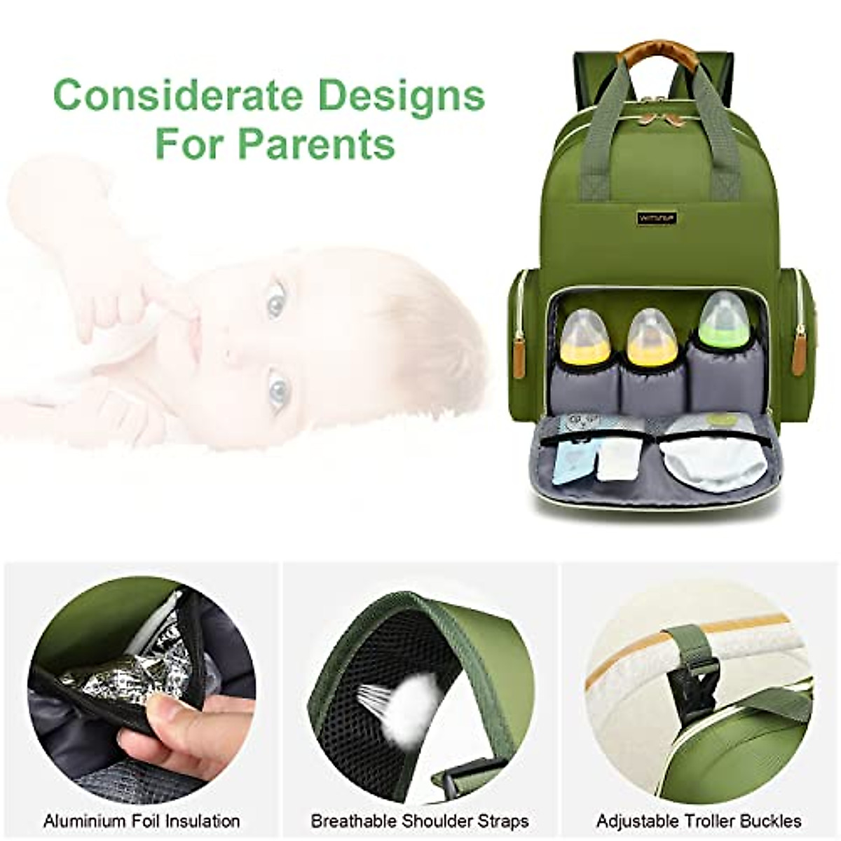 WITSTEP Diaper Bag Backpack with Changing Station, Baby Diaper Bag Organizer for Moms Dads-Diaper Tote Bags for Hospital Stroller Travel Bag for Airplane,Baby Eessentials/Large Capacity,Green