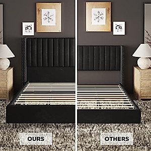 Jocisland Bed Frame King Size Upholstered Bed Wingback Headborad Velvet Channel Tufted/No Box Spring Needed/Black