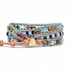 DAFARACODE Boho Stone Handmade Bracelet: Bead Natural Stone Wrap Jewelry Bohemian Style 3 Wraps Jasper Bracelet Gemstone Beads Bracelet Jewelry (Colourful Chakra Imperial Stones 3 Wraps)