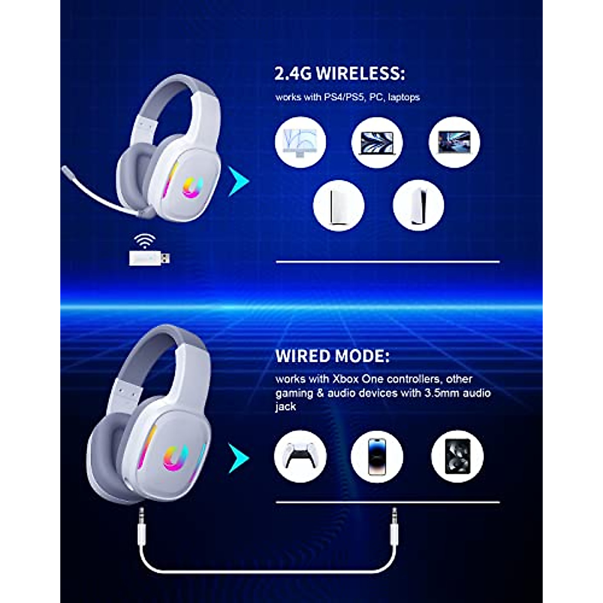 Jeecoo G80 Wireless Gaming Headset - 7.1 Surround Sound, Detachable Noise Canceling Mic, Low Latency 2.4G Wireless Gaming Headphones, Shining RGB - Works with PS4 PS5 PC Laptop Computers