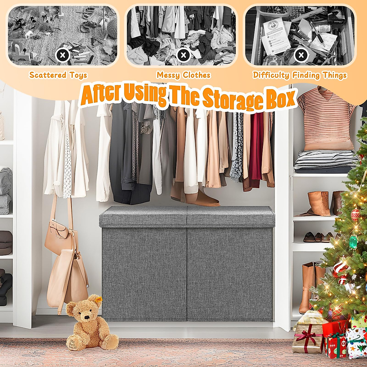 Large Toy Box, Collapsible Storage Bins with Lids, Toy Storage Organizer Toddler Bin Boxes for Kids, Boys, Girls, 25"x13"x16"Toy Chest Bin Box Baskets for Nursery, Living Room, Playroom, Bedroom, Gray