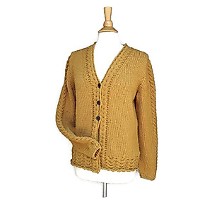 Mustard Gold Cardigan Sweater with Cable Design, Hand Knit, Merino Wool Acrylic, Womens size M L, Long Sleeves, Button Front, Basic Cardi