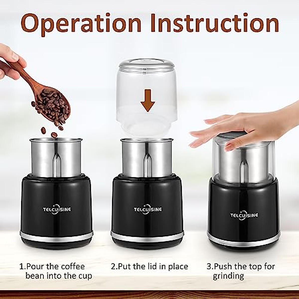 Telcuisine Coffee Bean Grinder, 200ml Small Coffee Grinder Electric Espresso Grinder with 304 Stainless Steel Blades for Beans, Nuts, Herbs, Grain and Salt, Spice Grinder with Cleaning Brush, 200W