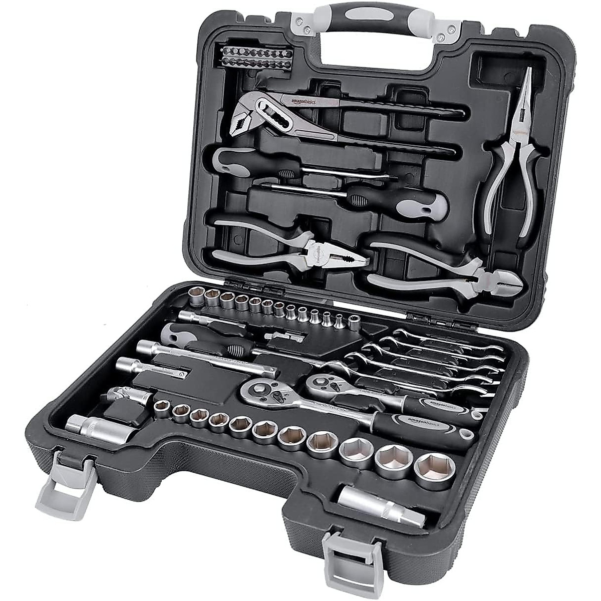 Amazon Basics 65-Piece General Household Home Repair and Mechanic's Hand Tool Kit Set, Black