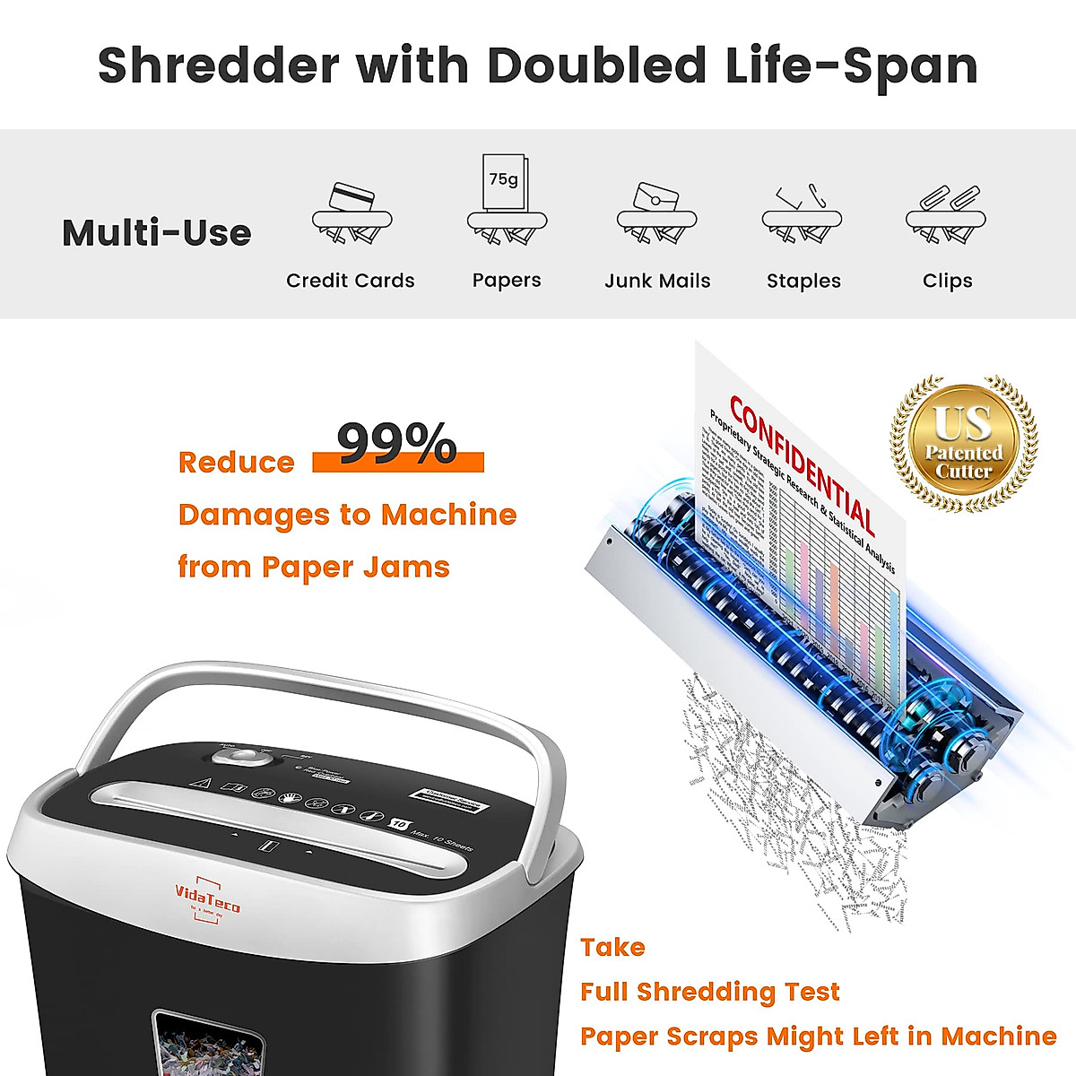 Paper Shredder,VidaTeco 10-Sheet Micro-Cut Shredder with US Patented Cutter,Also Shreds Card/Staple/Clip,Paper Shredder for Home Office,Durable&Fast with Jam Proof System,3.9-Gallon Basket (ETL)
