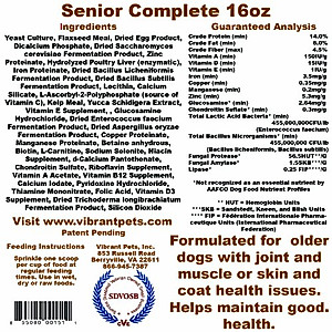 Vibrant Pets SC16 Senior Complete Dog Immune System Supplement | Older Dog Muscle and Joint Supplement with Probiotics and Enzymes for Digestion | Nutrient-Rich Skin and Coat Immune Booster Powder, 16 oz.