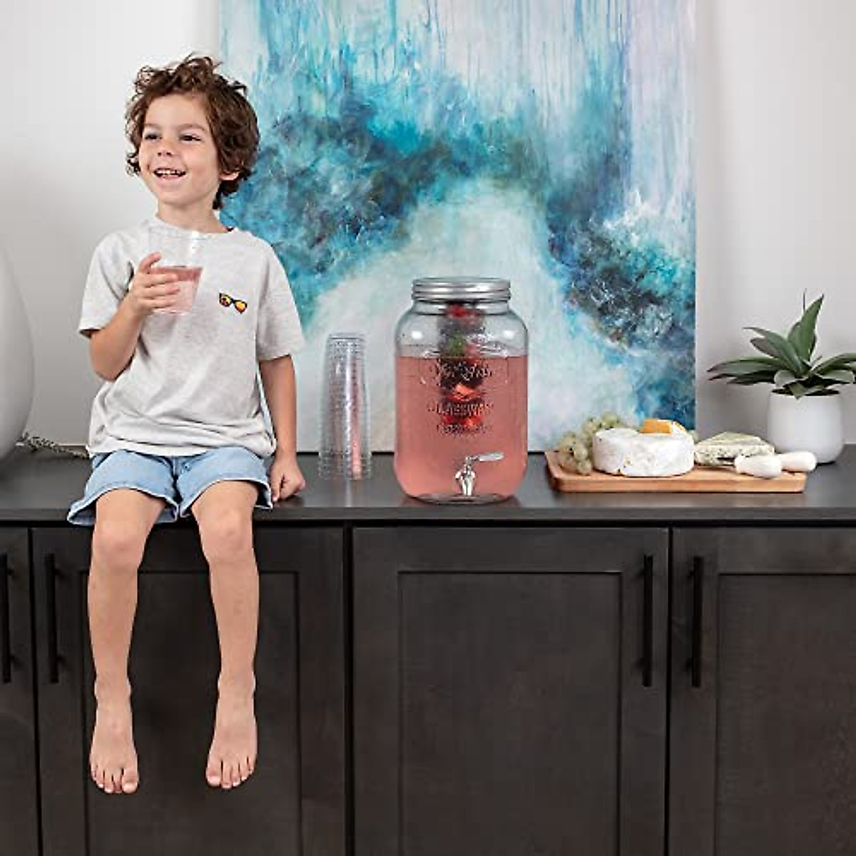 2-Gallon Glass Liquor Decanter Drink Dispenser for Parties - 100% Leakproof Stainless Steel Spigot + Marker & Label and Fruit Infuser, Water Beverage Dispenser Liquid Laundry Detergent Dispenser