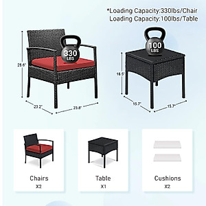 HOMEZILLIONS Outdoor Furniture 3 Piece Wicker Patio Conversation Bistro Furniture Set, All-Weather Outdoor Patio Chairs Set with Side Table for Garden Porch Yard, Red