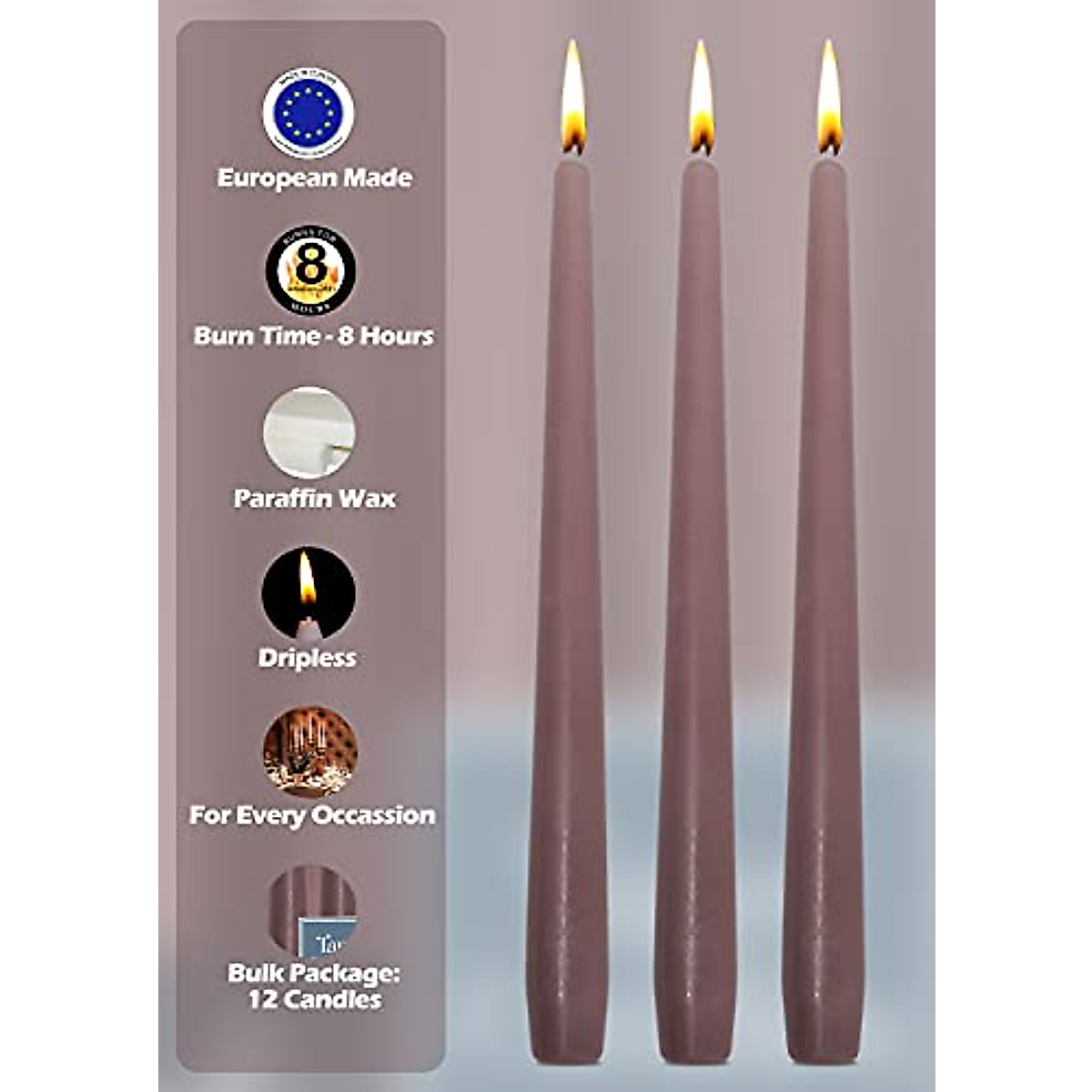 Hyoola Tall Taper Candles - 10 Inch Mauve Pink Unscented Dripless Taper Candles - 8 Hour Burn Time - 12 Pack