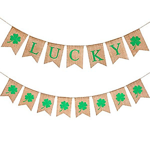 TecUnite 2 String St. Patrick's Day Banners Lucky Garland and Four Leaf Clover Shamrock Banner Irish Burlap Banner for St. Patrick's Day Decoration (Style B)