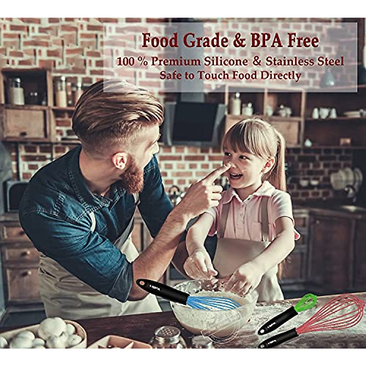 Walfos Silicone Balloon Whisk, Heat Resistant Non Scratch Coated Kitchen Whisks for Cooking Nonstick Cookware, Balloon Egg Wisk Perfect for Blending, Baking, Beating, Set of 3,Red,Blue,Green