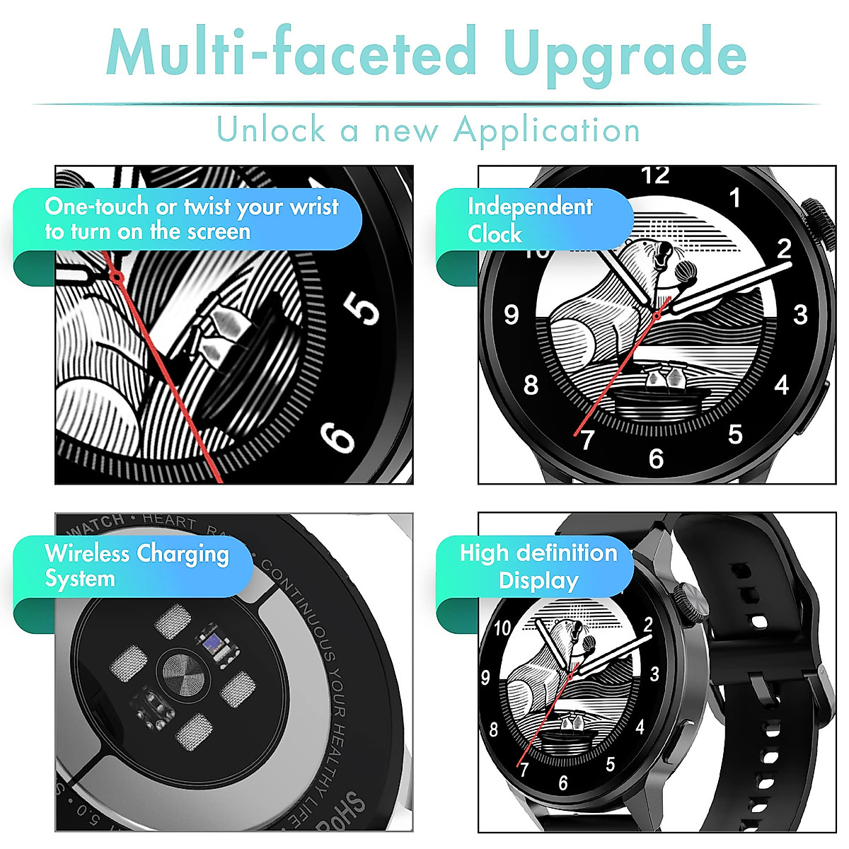 EKTON Smart Watches for Men & Women - Smart Watch for Android Phones, Make/Answer Calls, Messaging, Voice Assistant, NFC Functions, Wireless Charging, Long Battery Life, Black