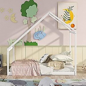 Tensun Full Size Wooden House Bed with Roof for Toddlers,Kids,Girls, Boys, Bedroom Children Full Floor Bed Frame,No Box Spring Needed,White