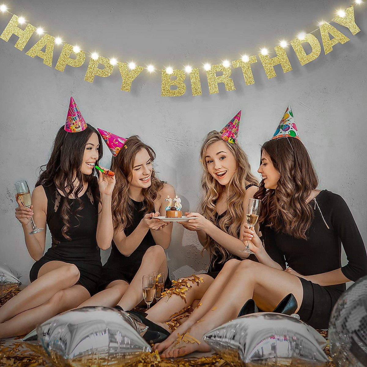 Happy Birthday Letters Banner Gold Happy Birthday Garland Decoration and 9.8 Feet Copper Wire Lights Birthday Banner Lights String for Birthday Party Decor Home Office Decor