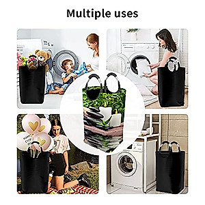 Wondertify Zen Basalt Stones Orchid Laundry Hamper Bamboo Black Pebble Rock Clothes Basket With Easy Carry Handles For Clothes Organizer Toys Storage