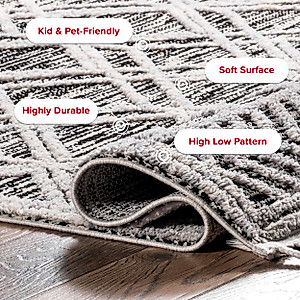 nuLOOM 9x12 Ansley Moroccan Tassel Area Rug, Grey, High-Low Textured Bohemian Design, Plush High Pile, Stain Resistant, For Bedroom, Living Room, Hallway, Entryway