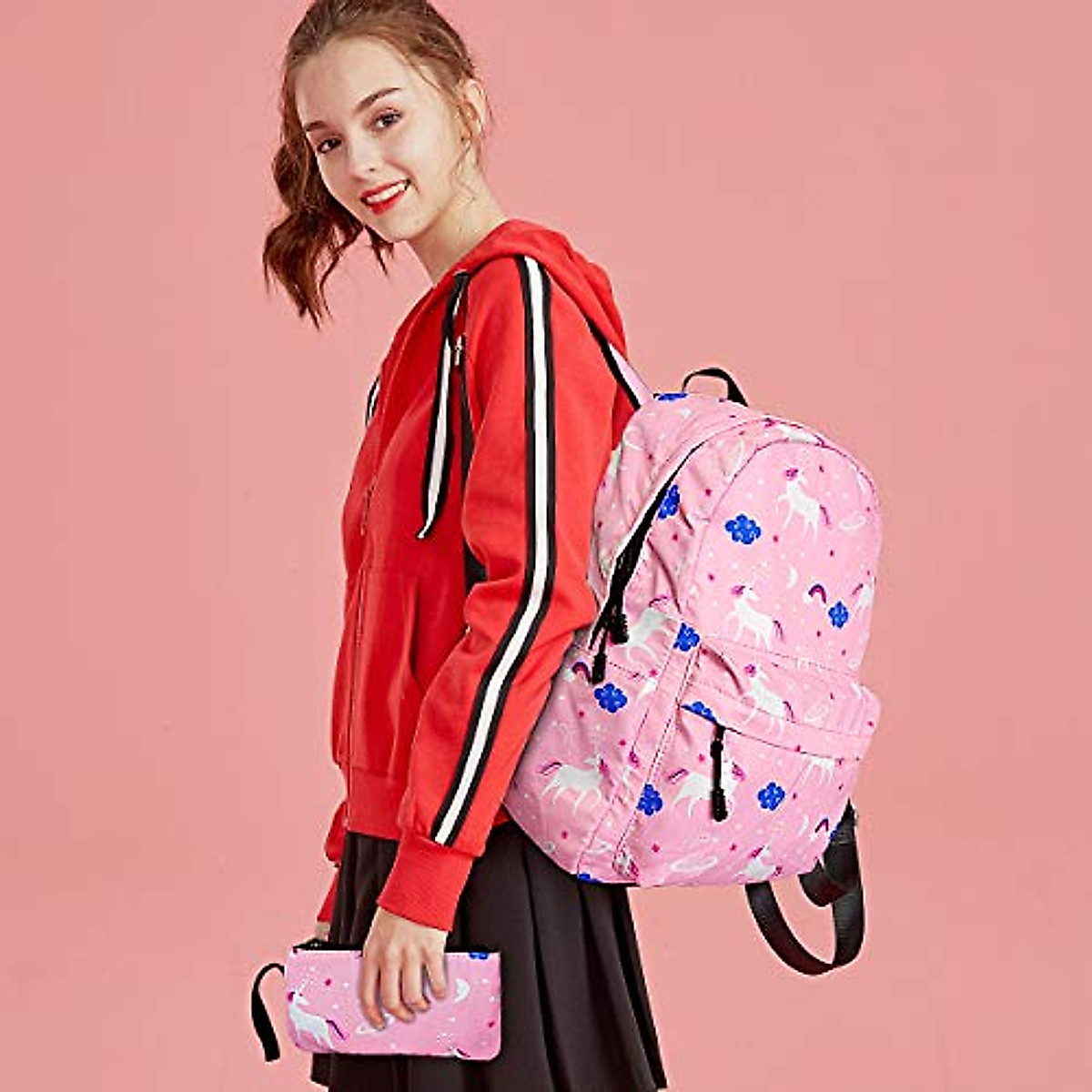 Junlion Dream Unicorn School Bag Kids 3-in-1 Bookbag Set, Laptop Backpack Lunch Bag Pencil Case Gift for Teen Girls Womens (Pink)