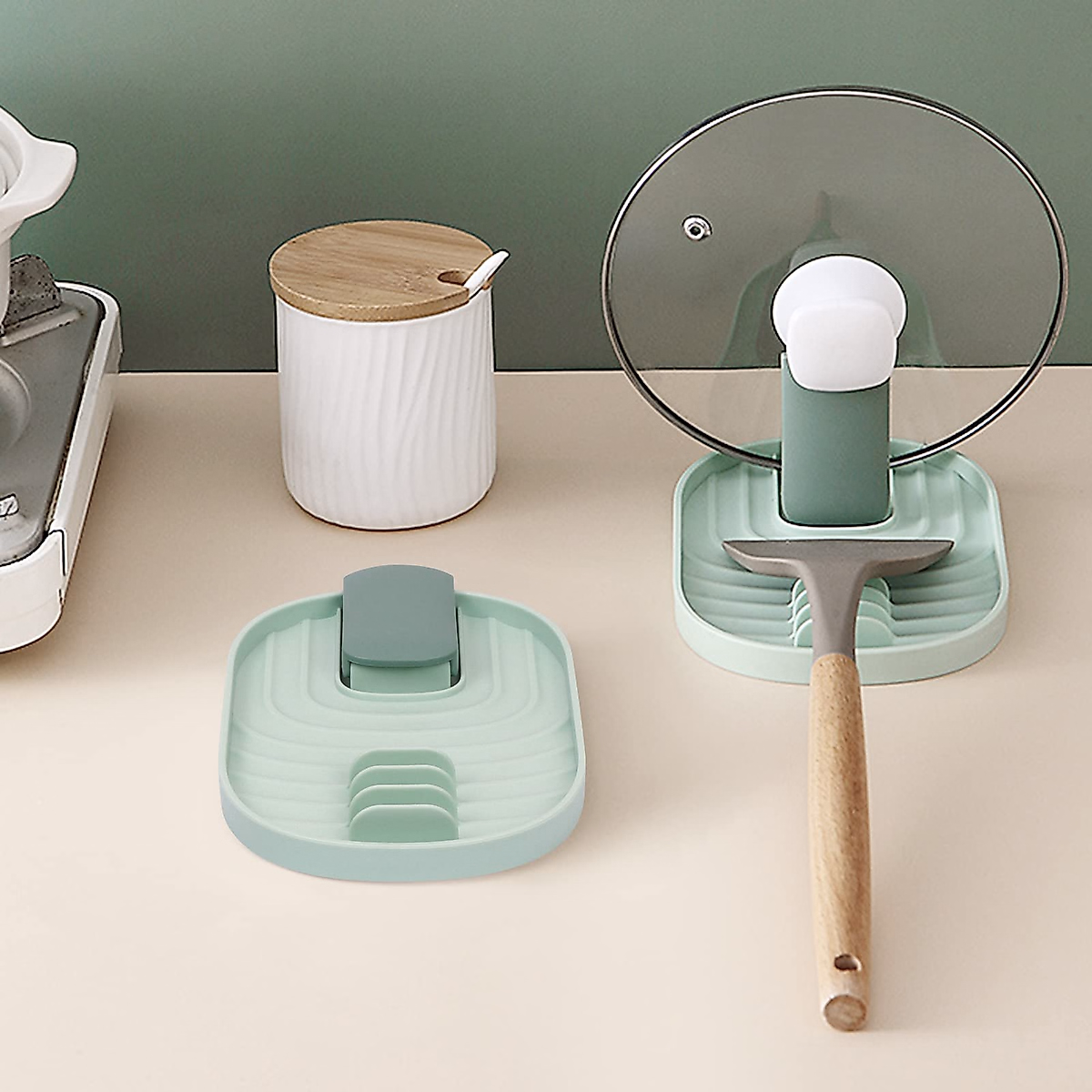 FYY Spoon Rest, Kitchen Utensil Holder with Drip Pad Heat-Resistant BPA-Free Spoon Holder with Foldable Pot Lid Holder for Stove Top Countertops Organizer for Spoons, Ladles, Spatulas, Lids - Green