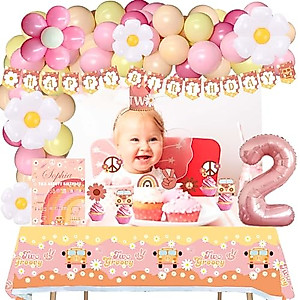 122 PCs Two Groovy Party Decorations, Fiesec Two Groovy Boho Daisy Hippie Second Birthday Party Backdrop Balloon Garland Banner Tablecloth Cake Cupcake Topper Crown Poster