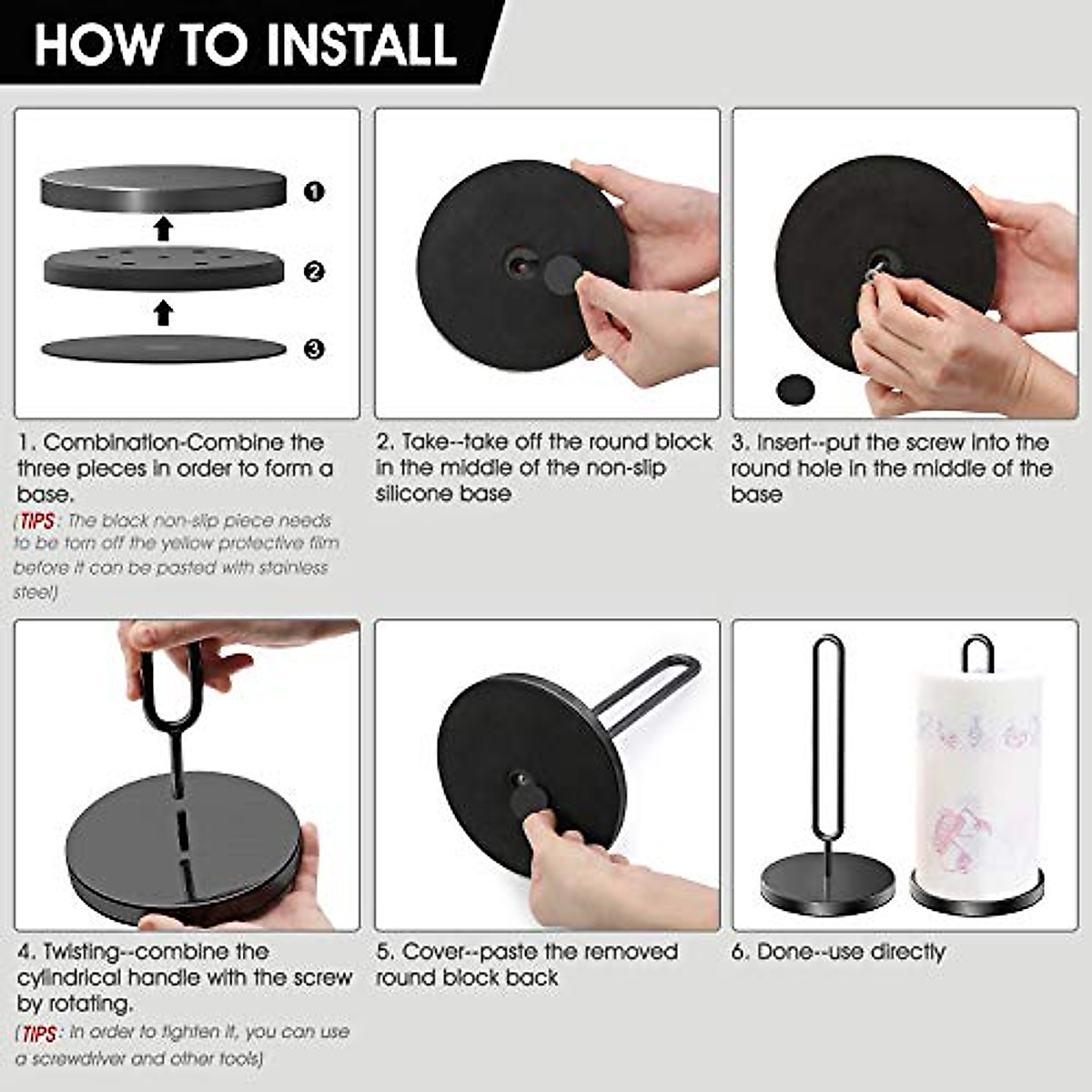 DDF iohEF Black Paper Towel Holders, Stainless Steel Paper Towel Holder, Paper Towel Stand Countertop Dispenser with Weighted Base - fits in Kitchen or for Bathroom