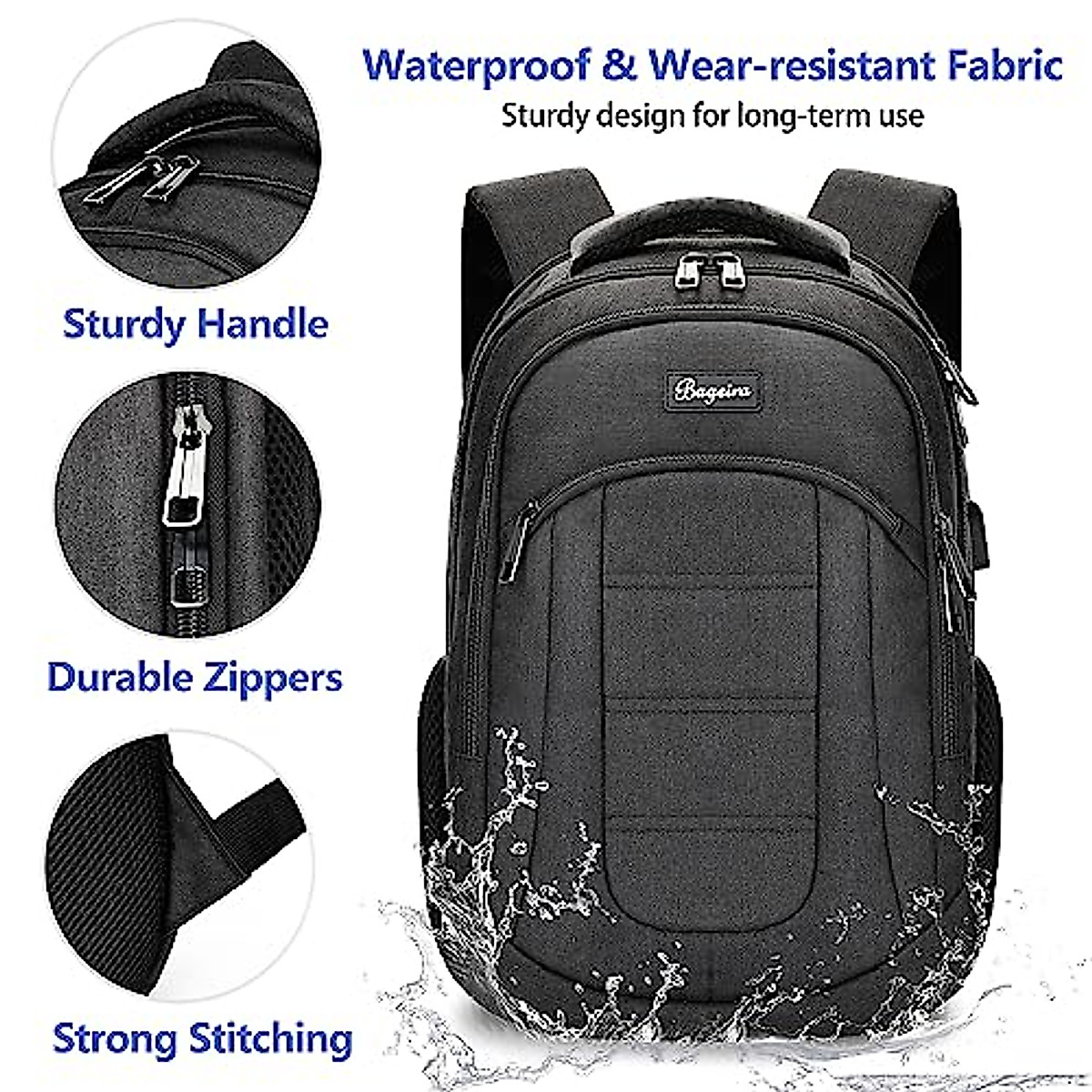 BAGEIRA Travel Backpack for Men Women, School Backpack, Anti Theft Back Packs Fit 15.6 inch Laptop with USB Charging Port, Business Computer College School BookBag, Work Casual Daypack, Black