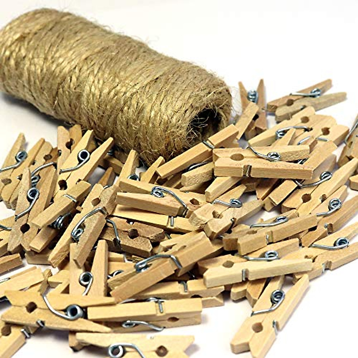 Mini Natural Wooden Clothespins with Jute Twine, 250pcs, 1 Inch Photo Paper Peg Pin Craft Clips with 66ft Natural Twine for Scrapbooking, Arts & Crafts, Hanging Photos (Natural Color)