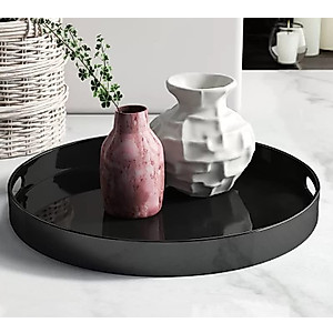 10 Strawberry Street 13.5" Lacquer Round Serving Tray with handles, Black