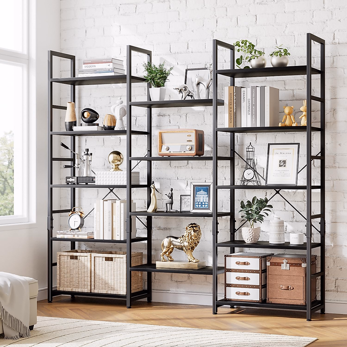 NUMENN Triple Wide 5 Tier Bookshelf, Rustic Industrial Style Bookcases and Bookshelves with 14 Open Display Shelves, Modern Tall Bookcase Furniture for Bedroom, Living Room and Home Office, Black
