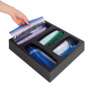 Ziplock Bag Storage Organizer - Bamboo Baggie Organizer for Kitchen Drawer - Black Kitchen Drawer Organizer - Compatible with Gallon, Quart Slider, Sandwich & Snack Variety Size Bags