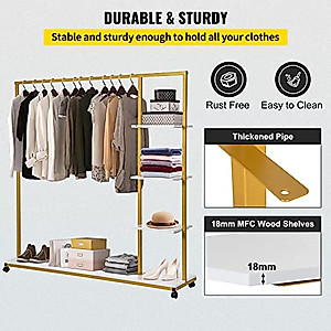 VEVOR Clothing Garment Rack, 59.1"x14.2"x63.0", Heavy-duty Clothes Rack w/ Bottom Shelf & Extra 3 Side Shelves, 4 Swivel Casters, Rolling Clothes Organizer for Laundry Room Retail Store Boutique, Gold