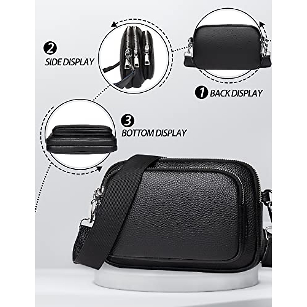 Noiosor Triple Zip Small Crossbody Bags Purses Women Wide Strap Genuine Leather Shoulder Handbag Multi Pockets Snapshot Phone Purse Beige