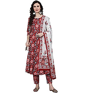 Amayra Women's Rayon Printed Anarkali Kurti with Palazzos and Dupatta Set (Maroon, Small)