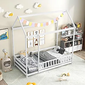KOMFOTT Twin Size Floor House Bed, Wooden Montessori Bed with Roof & Full-Length Safety Guardrail, Floor Playhouse Bed Frame for Kids, Girls, Boys (White)