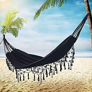 Xuanmuque Double Sized Boho Macrame Black Hammock with Elegant Tassels and Fishtail Knitting 485Lbs Includes Tie Ropes and Black Drawstring Bag for Women