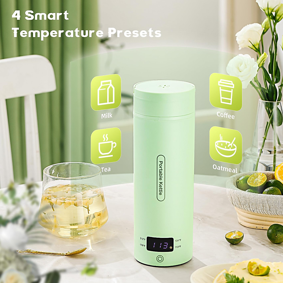 COHOLYTY Portable Electric Kettle: Travel Small Water Boiler, Heater with 4 Temperature Control, 304 Stainless Steel, With Boil Dry Protection & Fast Boil, BPA-Free, Auto Shut Off (Green)