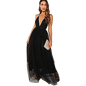 Floerns Women's Plunging Neck Spaghetti Strap Maxi Cocktail Party Dress Black XS