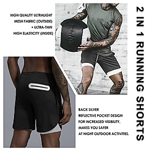 Leidowei Men's 2 in 1 Workout Running Shorts Lightweight Training Yoga Gym 7" Short with Zipper Pockets Black L