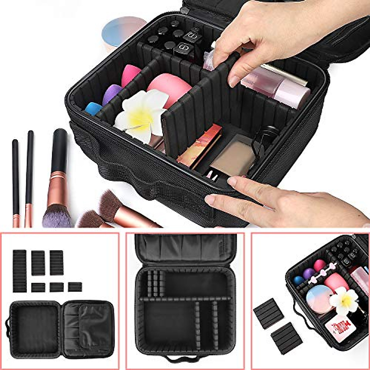 Makeup Travel Case, Makeup Case with DIY Adjustable Divider Cosmetic Train Bag 10.3" Organizer Contain 14pcs Premium Makeup Brushes 3 pcs Makeup Sponge Clear Makeup Bag Women GIft Set